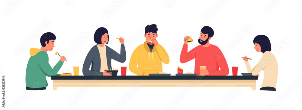 Customers eating food. Cartoon people have breakfast lunch and brunch ...