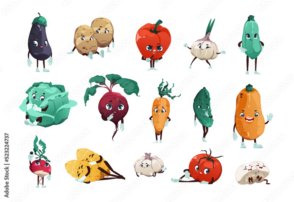 Vegetable characters. Cartoon cute fresh organic food mascots with ...