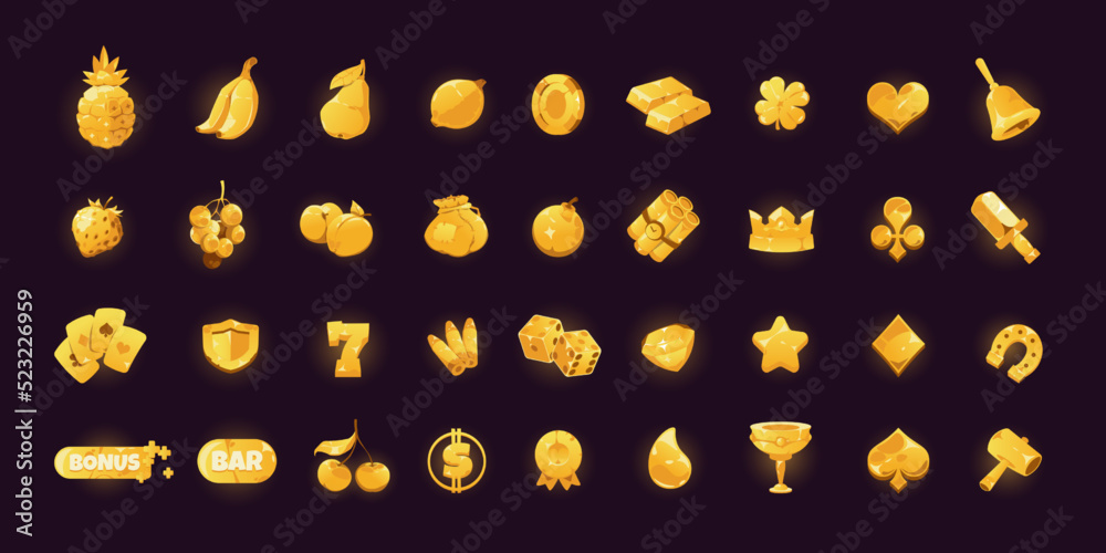 Gold slot icons. Cartoon online gambling and slot machine shiny winning ...