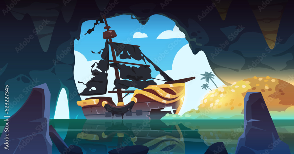 Pirate ship in cave. Cartoon background with fantasy sea bandits ship ...
