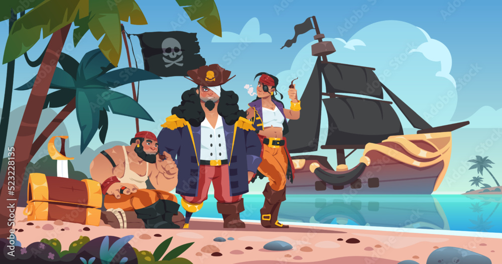 Pirates on island. Cartoon kids background with corsairs and pirate ...