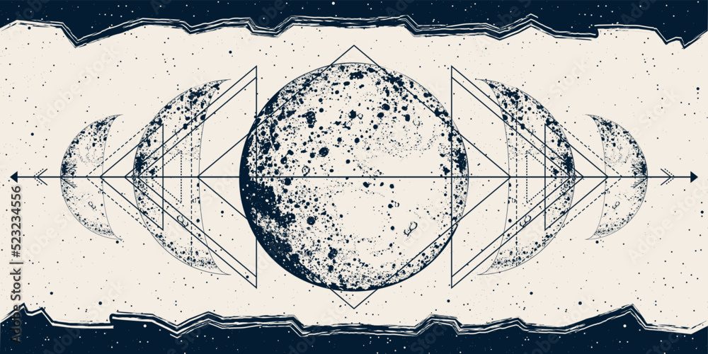 Celestial banner with lunar phases, sacred geometry. Full moon. Vector ...