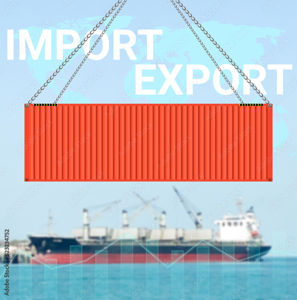 import export word with world map and hanging cargo container on blur ...