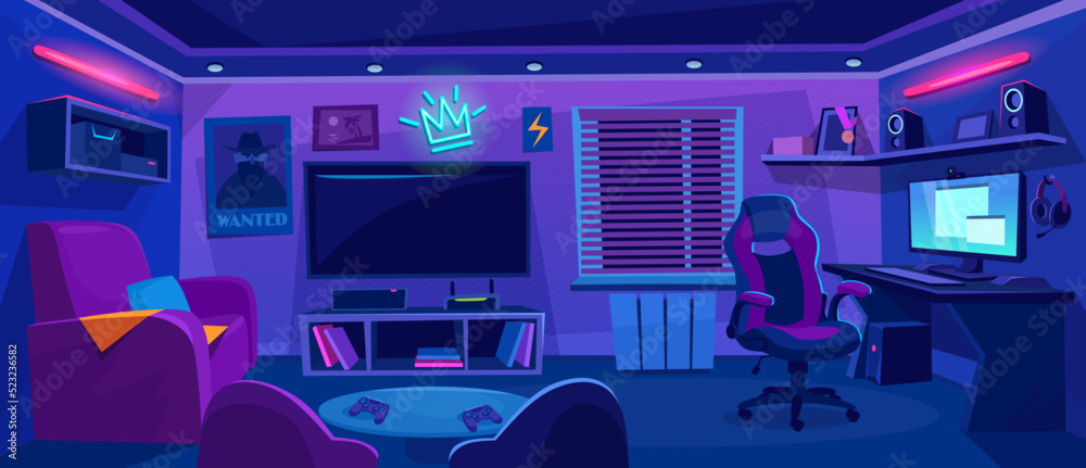 Gamer room interior design. Teenager bedroom with computer desk, chair ...