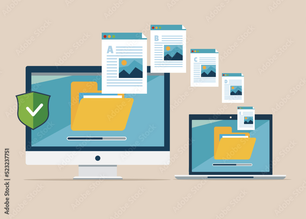 Exchanging files. Modern laptop and pc display. Copying files between ...