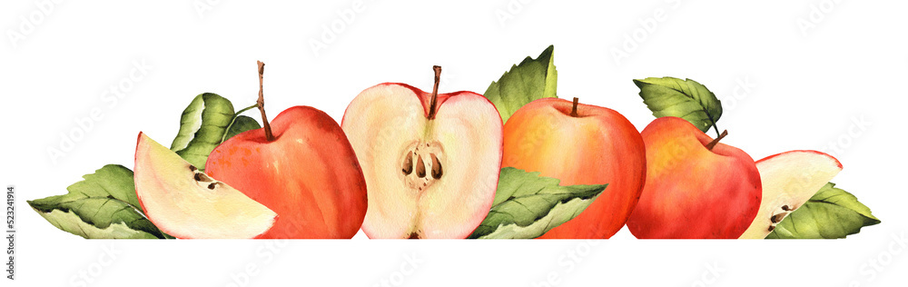 Watercolor red apple border. Fall arrangement with fruit and green ...