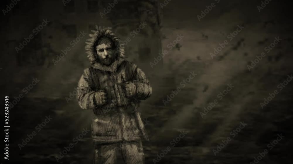 Lonely stalker walks against ruins backdrop. Zombie apocalypse animated ...