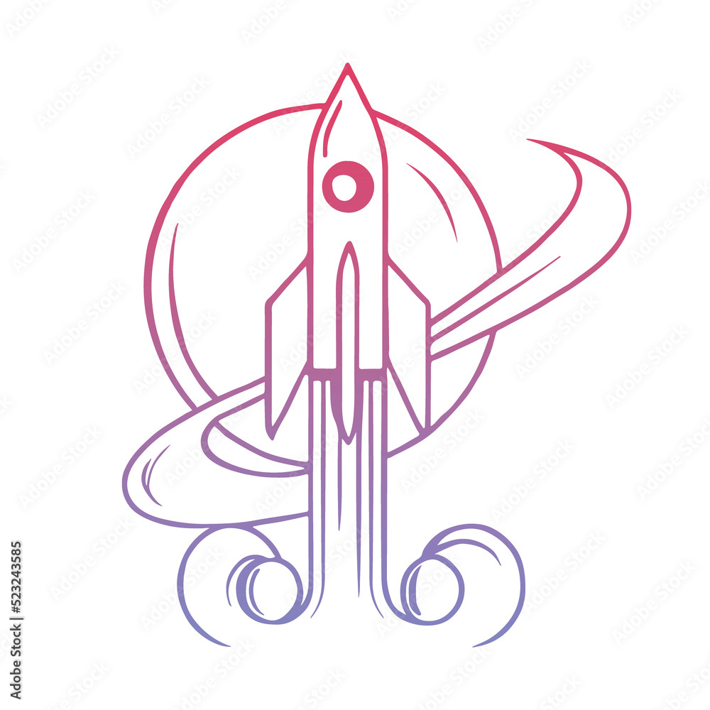 sci-fi line art of a rocket with a planet in the background, with ...
