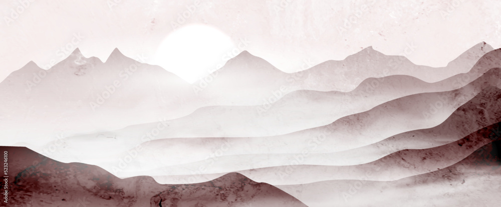 Watercolor art background with mountains and hills in fog and sun ...