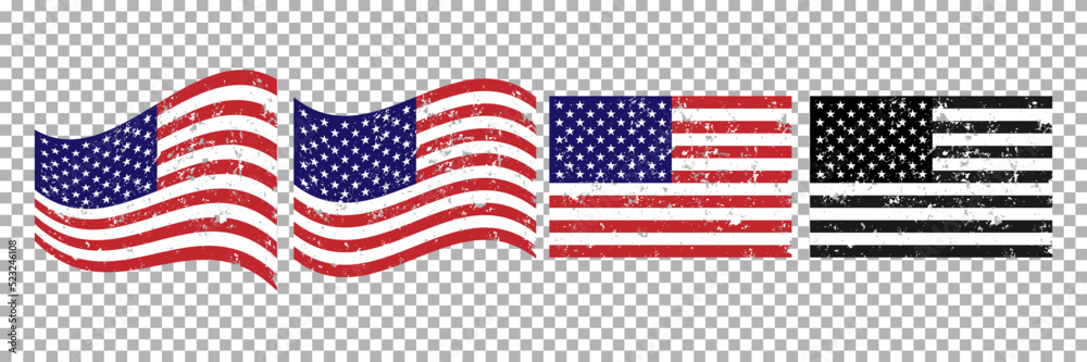USA flag in 4 variations, in different styles. official colors and ...
