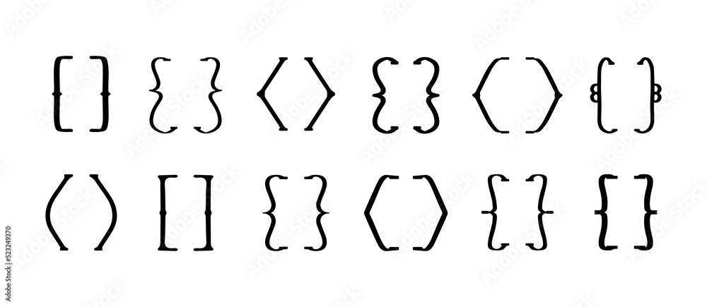 Set of 12 various black curly braces isolated on white background Round ...