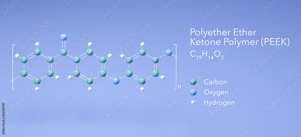 Polyether ether ketone polymer (PEEK), molecular structures, 3d ... Polyether ether ketone polymer (PEEK), molecular structures, 3d ...