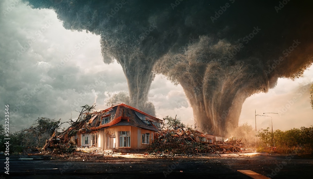 Fantasy terrifying tornado destroying city buildings ilustración de ...