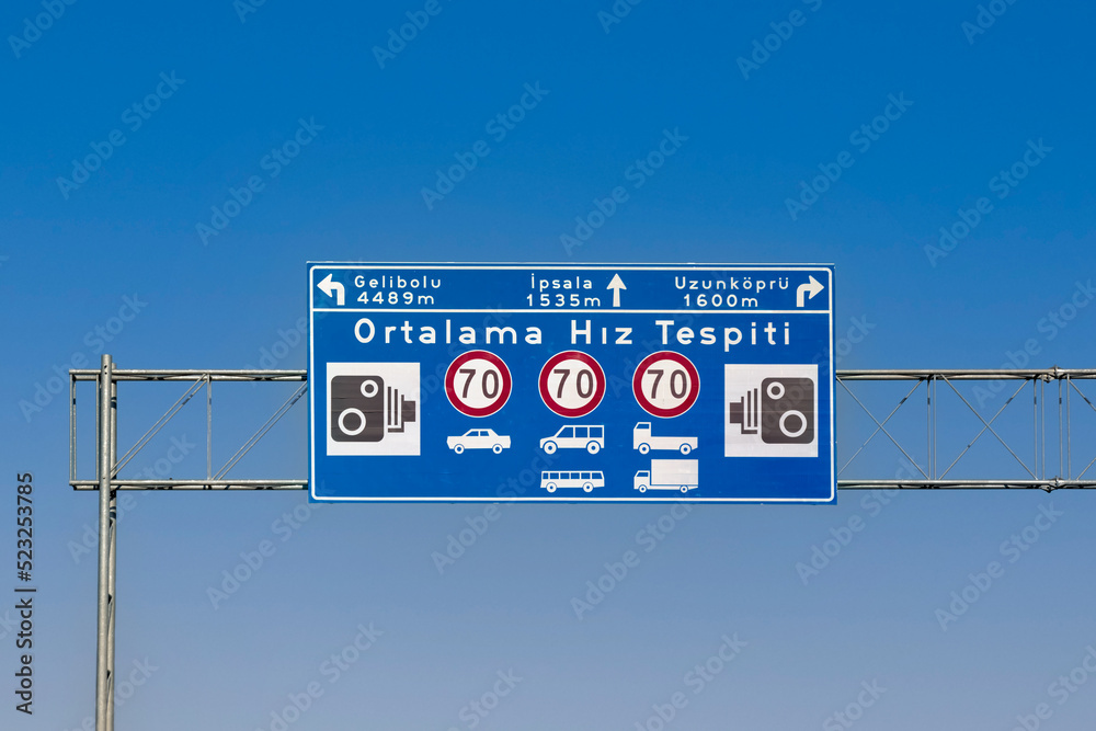 Road sign warns about "average speed detection zone" and speed limits ...