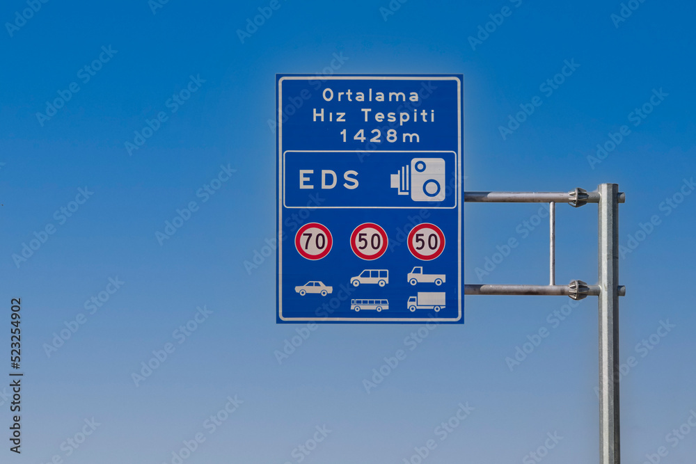 Road sign warns about "average speed detection zone" and speed limits ...