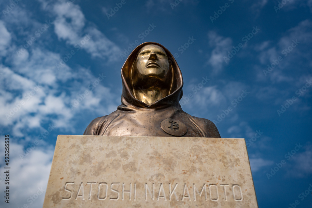 Portrait of the statue of Satoshi Nakamoto mysterious founder of ...