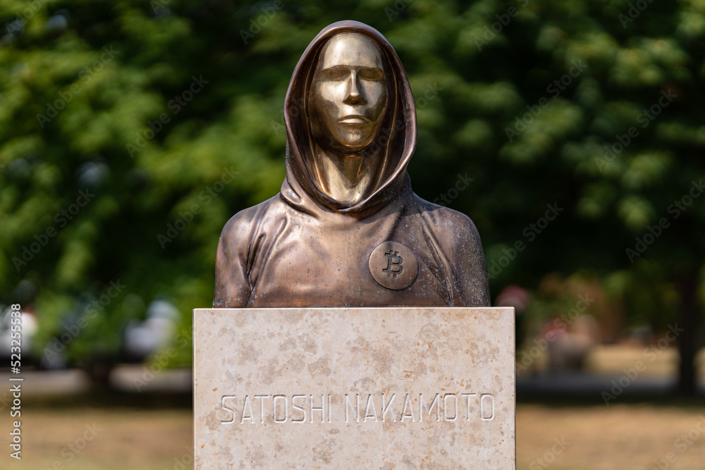 Portrait of the statue of Satoshi Nakamoto mysterious founder of ...