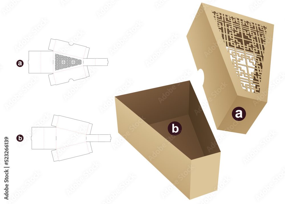 stenciled triangle box die cut template and 3D mockup vector de Stock ...