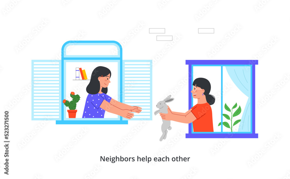 Concept of good neighborhood. Young smiling woman give her friend cute ...