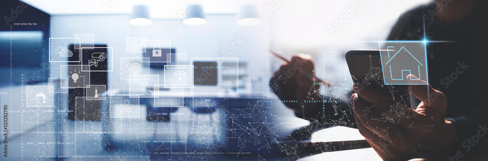 Smart home technology interface on smartphone mobile app screen with ...