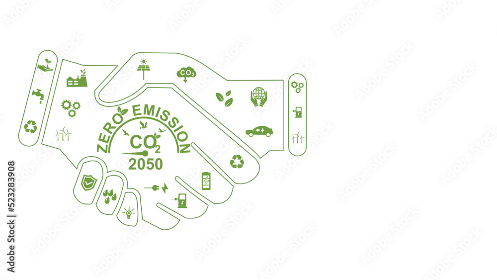 Vetor de Image holding hands with the word zero emission icon on the back of the hand. Zero ...