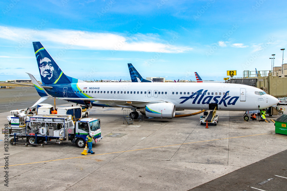 Alaska Airlines Boeing 737 parked at a gate at Honolulu's Daniel K ...
