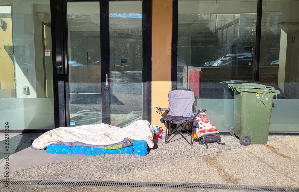 Sleeping bag and other items belonging to a homeless person living on ...