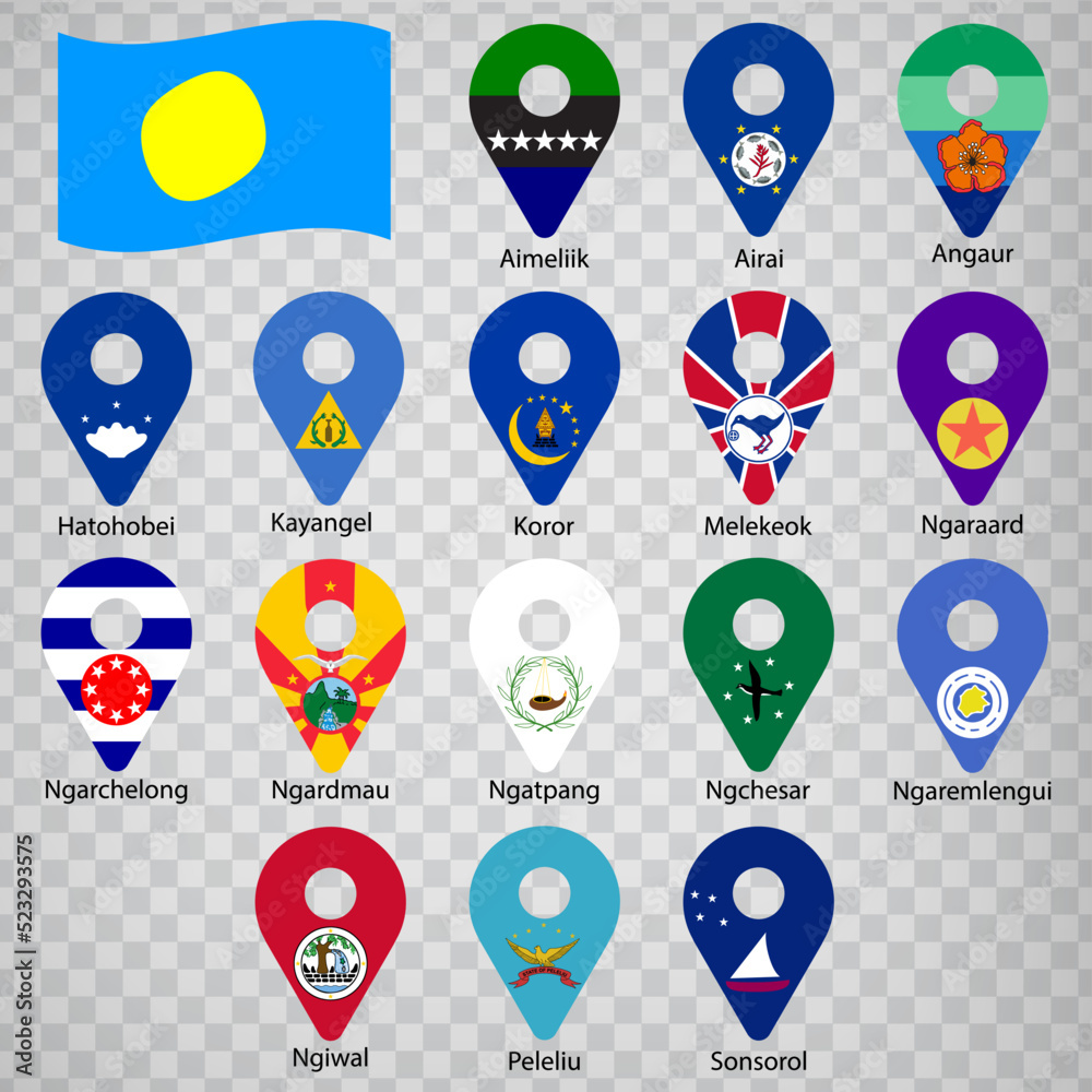 Sixteen flags the States of Palau - alphabetical order with name. Set ...