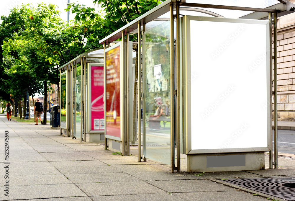 bus shelter at tram and bus stop. image collage. white poster ad ...