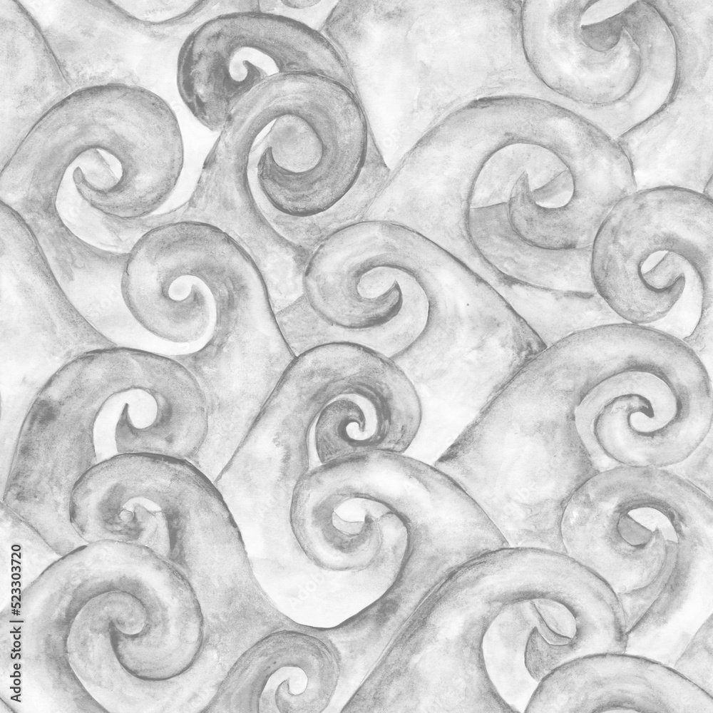 Waves seamless pattern. Black and white watercolor wave endless print ...