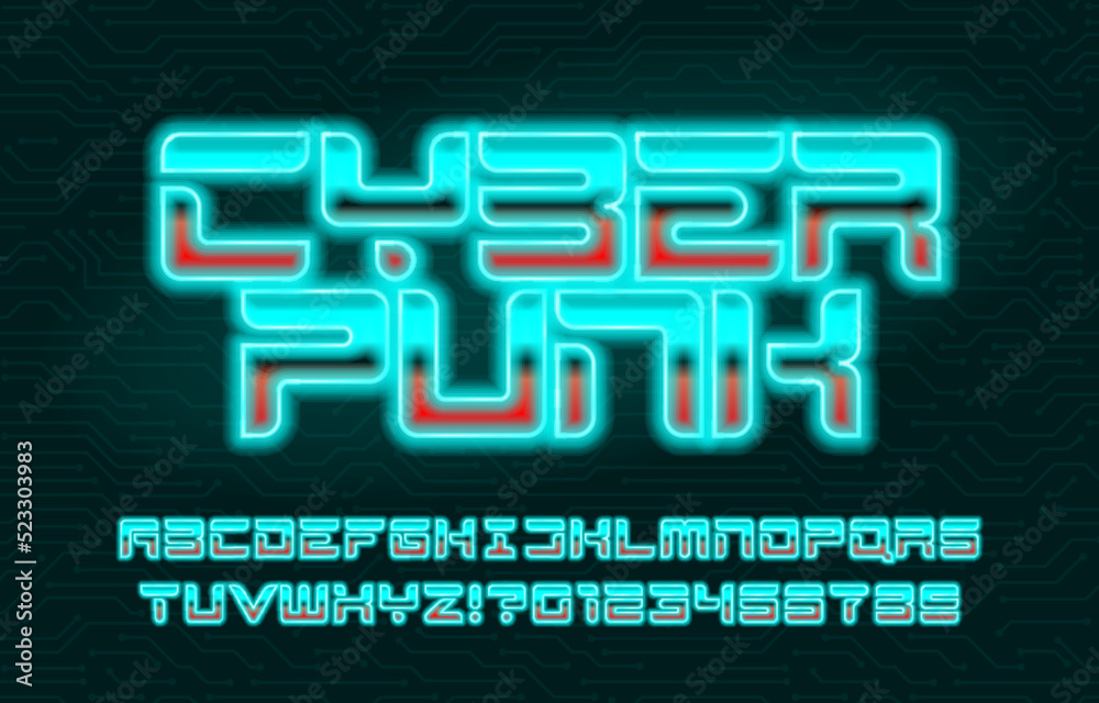 Cyberpunk alphabet font. Neon glow futuristic letters and numbers ...