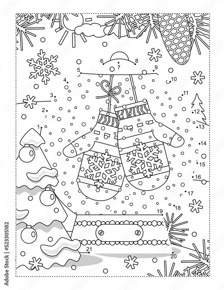 Full page snowglobe with mittens connect the dots puzzle and coloring ...