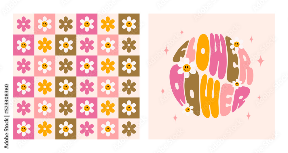 Retro set flower power slogan with smiling flowers in round shape and ...