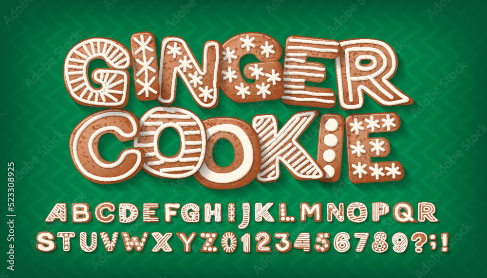 Ginger Cookie alphabet font. Cartoon letters and numbers with shadow ...