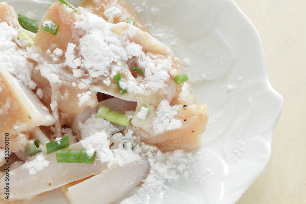Freshness chicken soft bone marinated with starch and spring onion ...