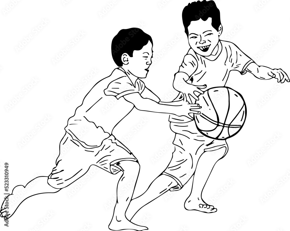 Kid playing basketball cartoon, Children playing basket ball line art ...