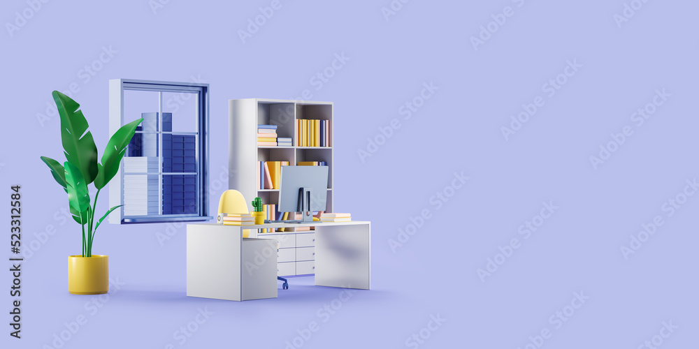 Cartoon office interior with desk and computer, shelf and window. Copy ...