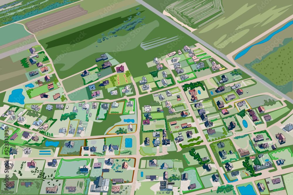 Village aerial view. Panorama of landscape with houses, fields, way and ...