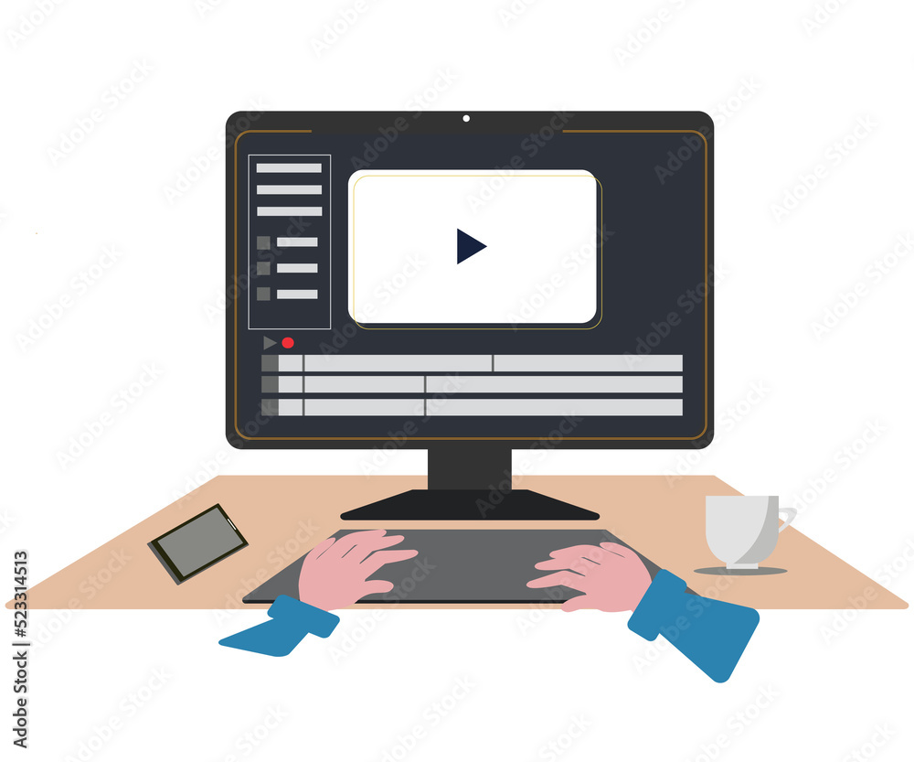 Computer and monitor of editor and video. Person hand video editing in ...