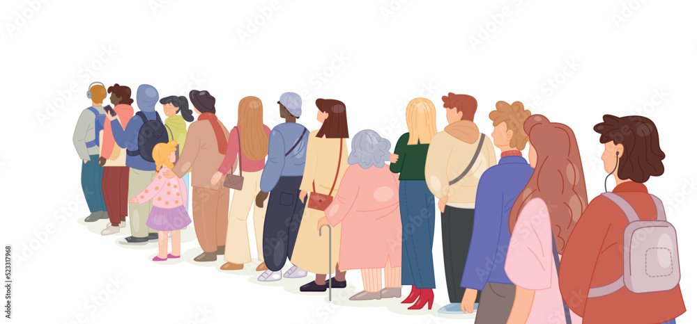 Big queue. Long line of different multitrass people in store or at ...