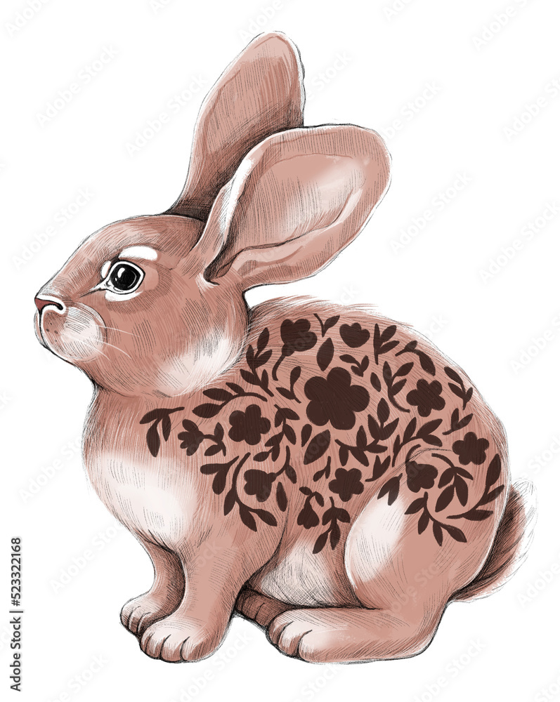 Hand drawn rabbit. Symbol of 2023. Drawing with colored pencils on a ...