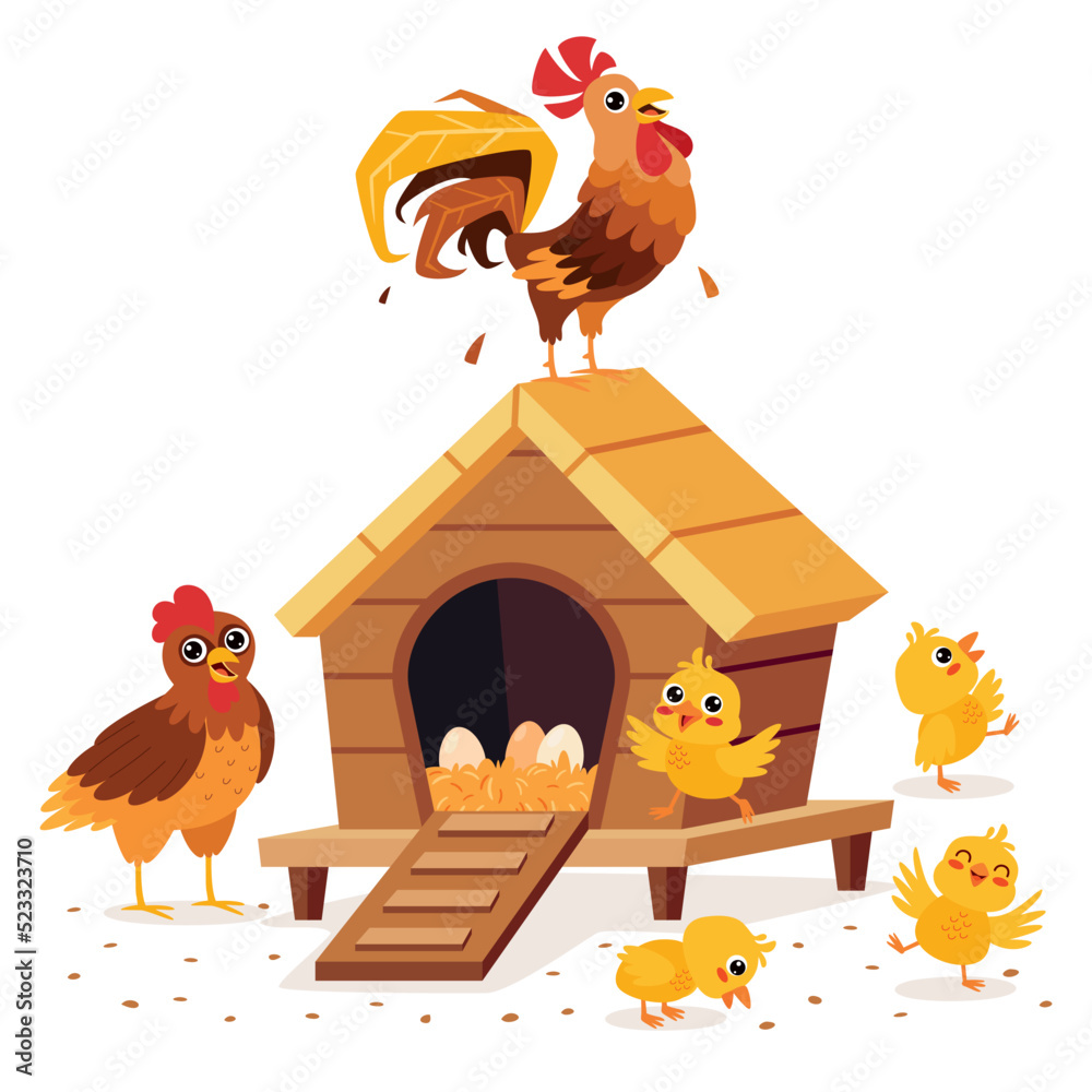 Cartoon Illustration Of Rooster Chicken And Chicks Stock Vector | Adobe ...