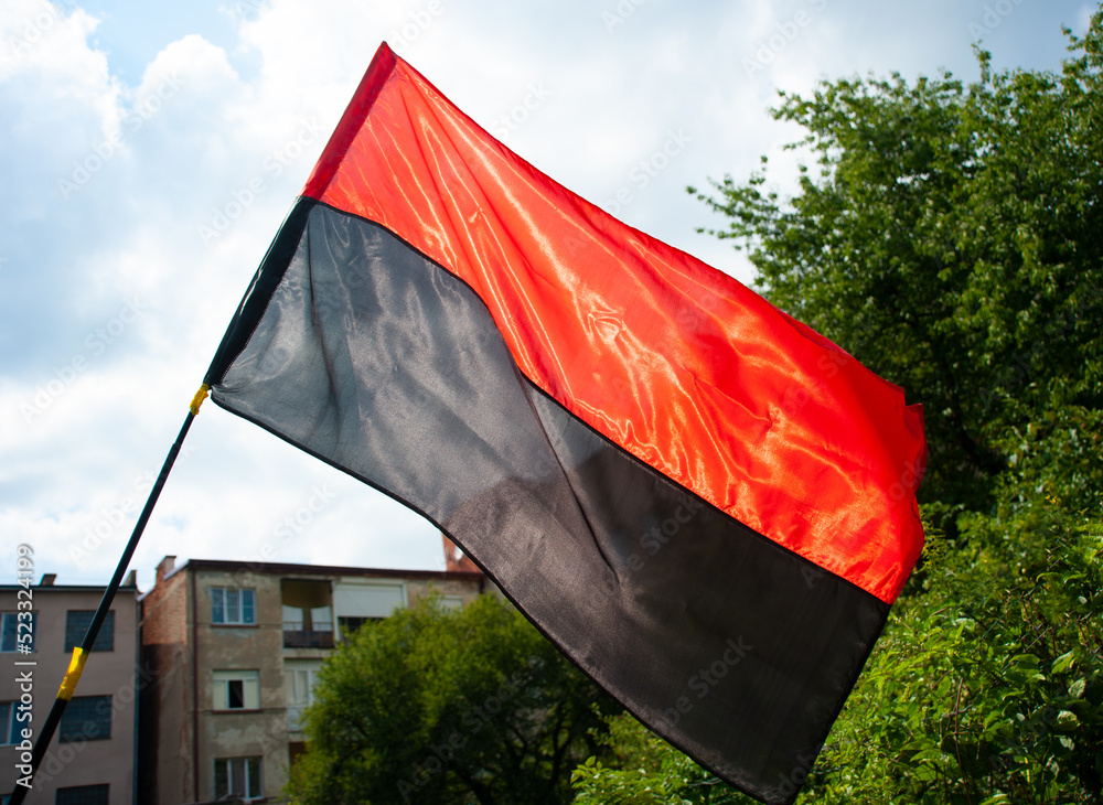 The former red and black battle flag of the Ukrainian insurgent army of ...