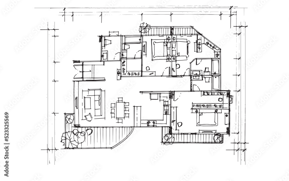 Line drawing of residential house plan, A three-bedroom residential ...