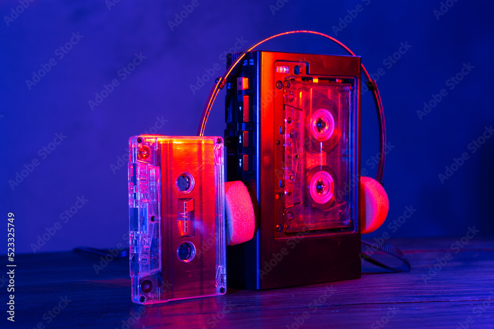 Vintage cassette tape player in neon light. 80s - 90s advertisement ...