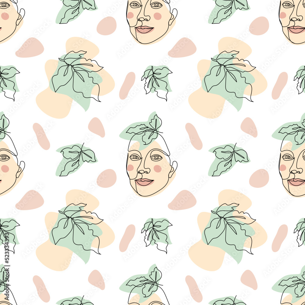 Seamless pattern with one single line drawings of female face and ...