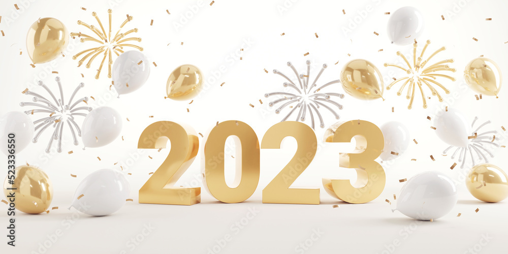 Golden 2023 3d text New Year with balloons fireworks and falling shiny ...