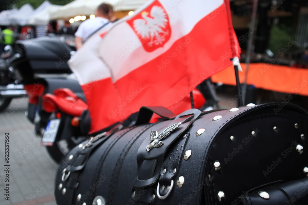 Leather motorcycle bags with the Polish flag attached. Skórzane torby ...