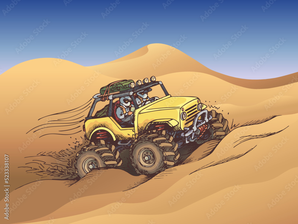 Yellow SUV in the desert, sand racing, colorful vector bright ...
