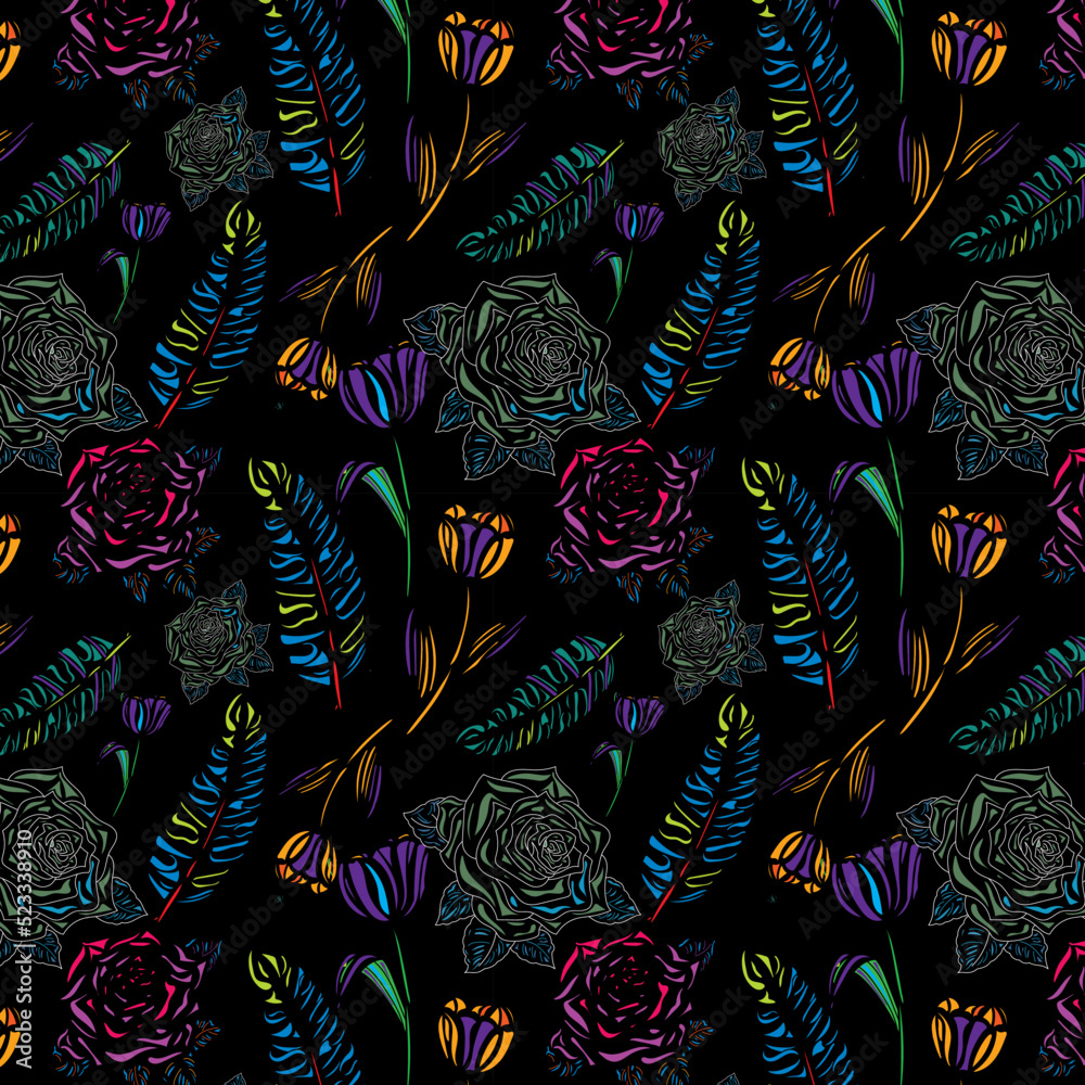 Seamless Pattern of rebecca purple, june bud, orange peel color rose ...